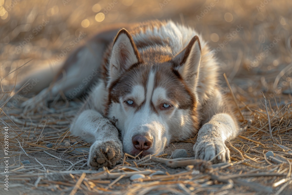 dog breed Siberian Husky Lie flat on the ground, exhausted from the ...