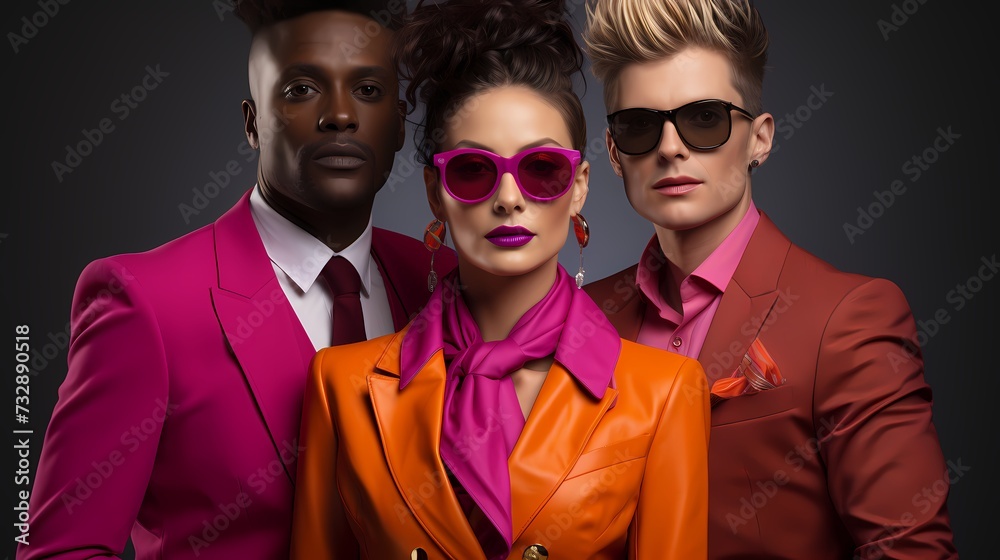 In front of a vivid purple background, a collection of beautiful models ...