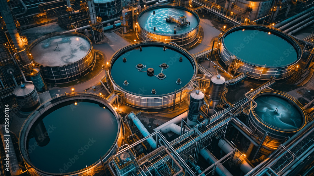Aerial top view storage tank farm at night, Tank farm storage chemical petroleum petrochemical ...