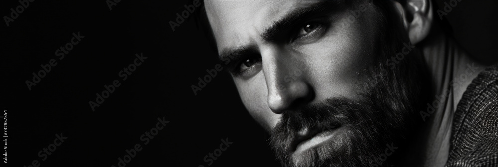 Face of a brutal bearded man on a black isolated banner background. A ...