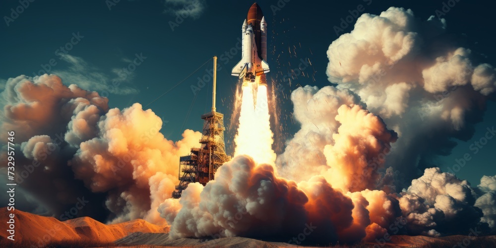 Departing from the launchpad, the space shuttle erupts into a fiery ...