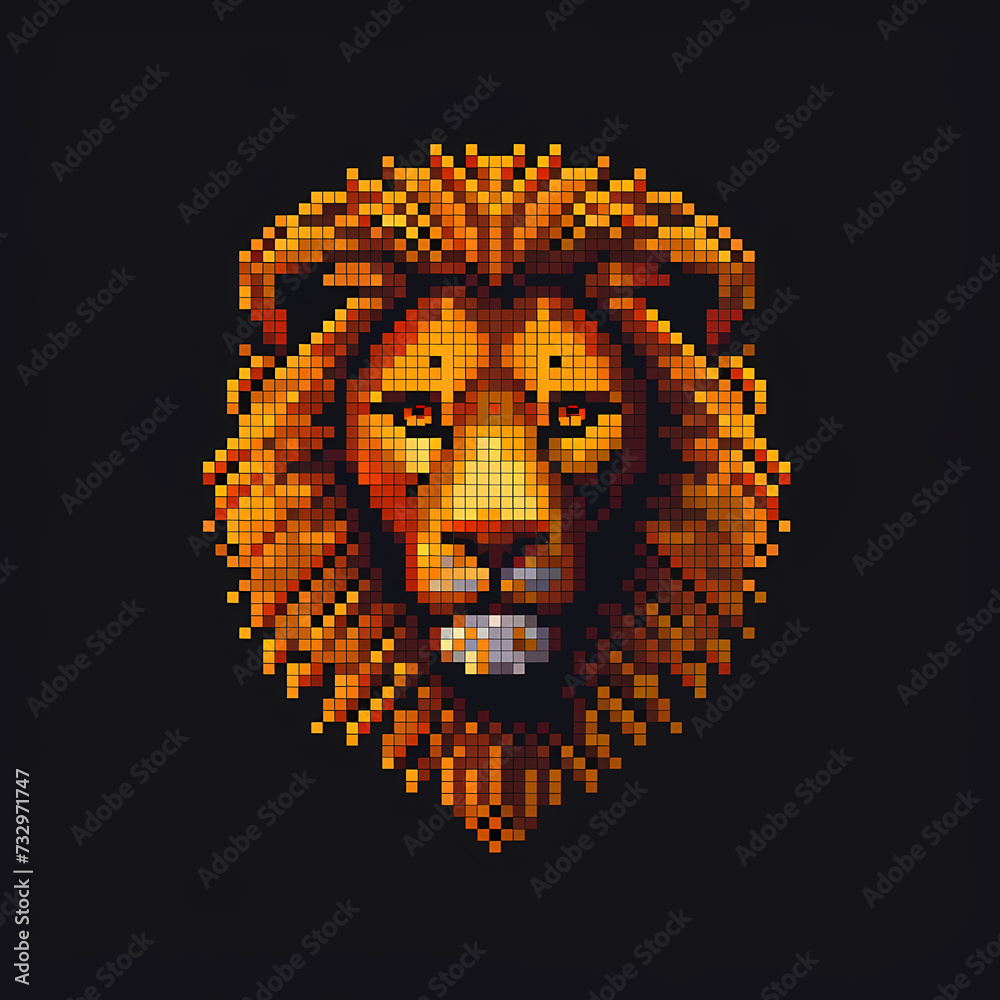 Flat vector logo of a lion head, pixel art, monochrome background ...