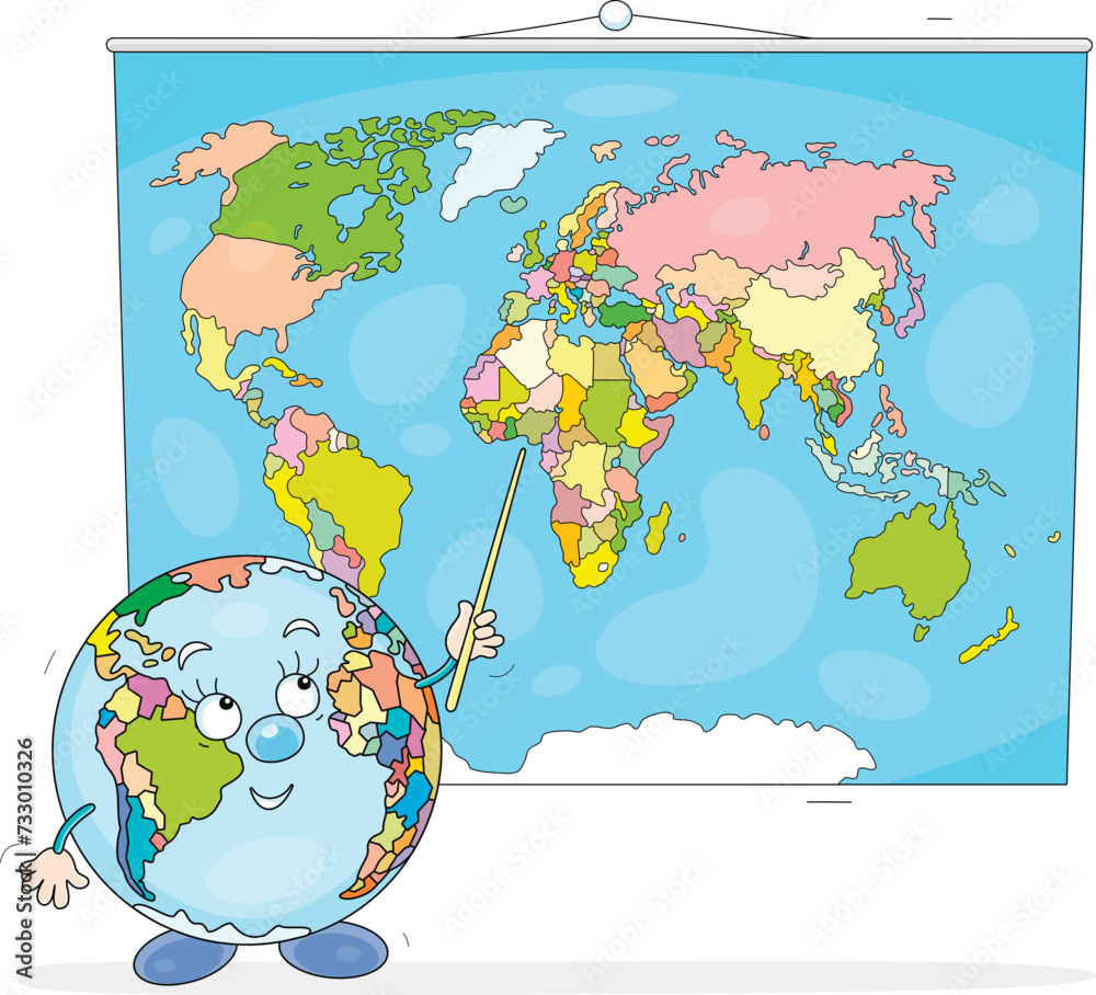 Funny cartoony globe pointing to countries on a political World map and ...