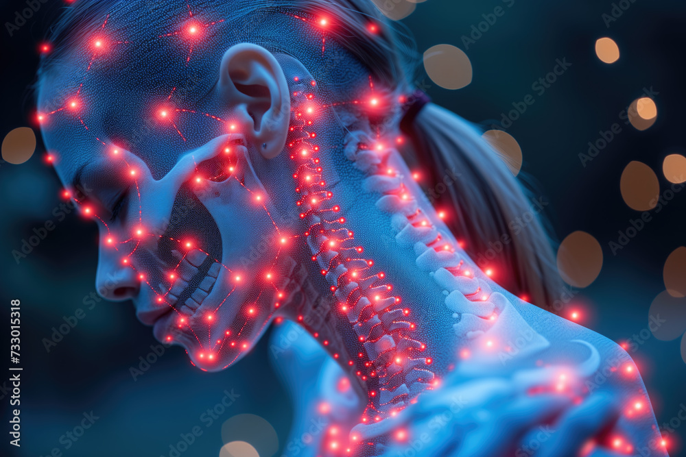 Hernia of the cervical spine, neck pain, woman suffering from backache ...