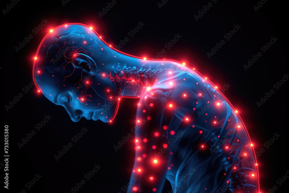 Human skeleton, hernia of the cervical spine, neck pain, backache ...