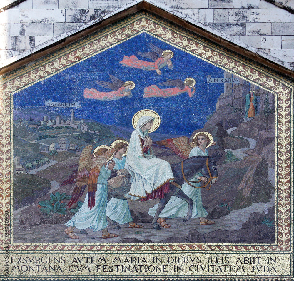 Mosaic adorning the front of the Church of Visitation, depicting the ...