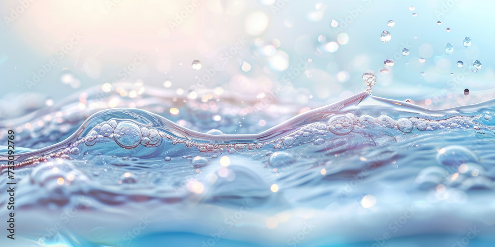 liquid falling into a blue surface, water bubbles background, blue ...