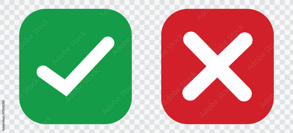 Set of red X and green check mark icons. Cross and tick symbols isolated on Transparent ...