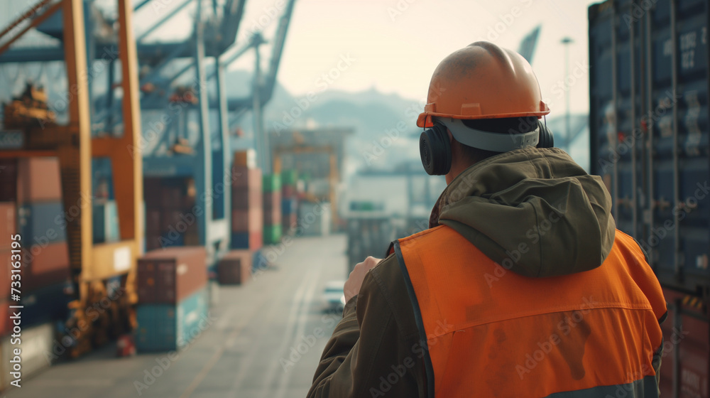 back view The foreman controls the loading of containers from shipping ...