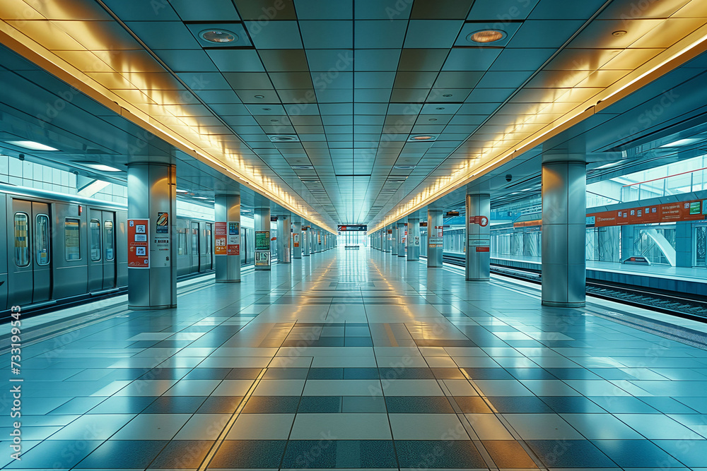 A deserted subway station featuring rows of structural columns under ...