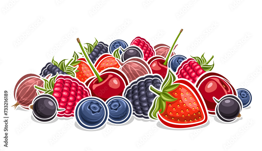 Vector Berry Pile, decorative banner with outline illustration of berry ...