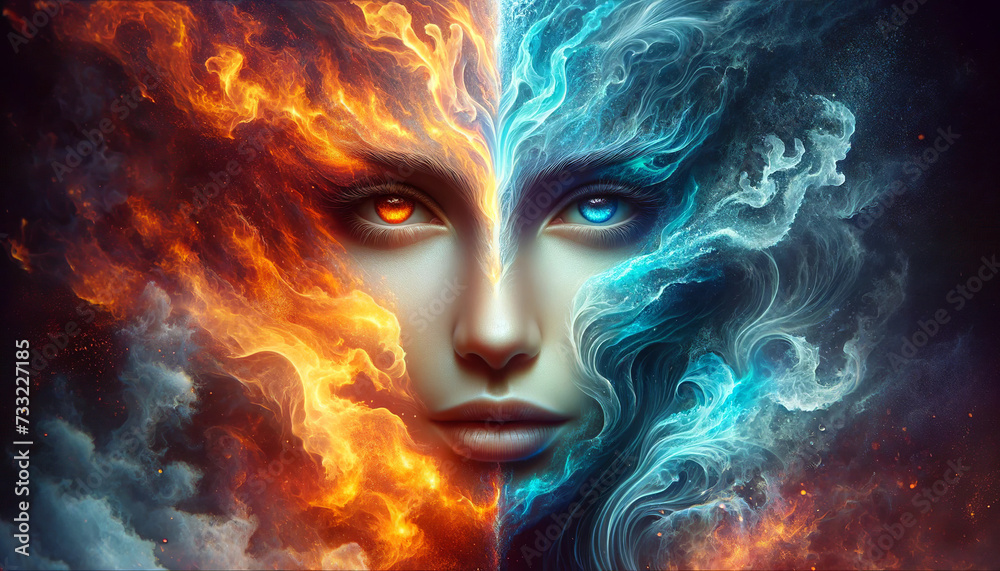 The image is a surreal portrait of a face divided into two contrasting ...