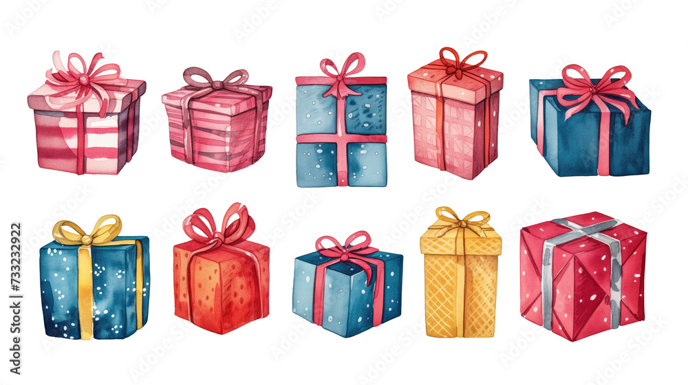 Set of watercolor colorful gift boxes with ribbons and bows on a ...