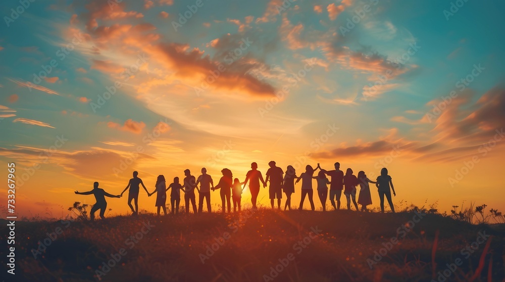 A heartwarming silhouette of a group of friends holding hands against ...