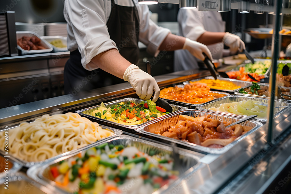 Chef standing behind full lunch service station with assortment of ...