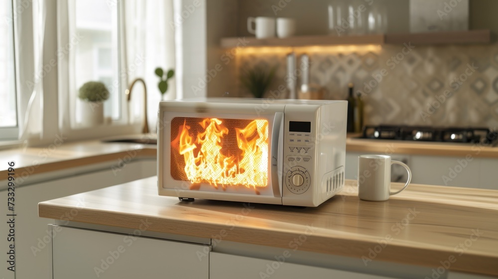The image shows a modern kitchen with a microwave on fire sitting on a ...