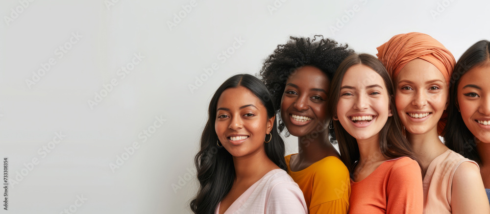Happy women of different nationalities and appearances stand next to ...