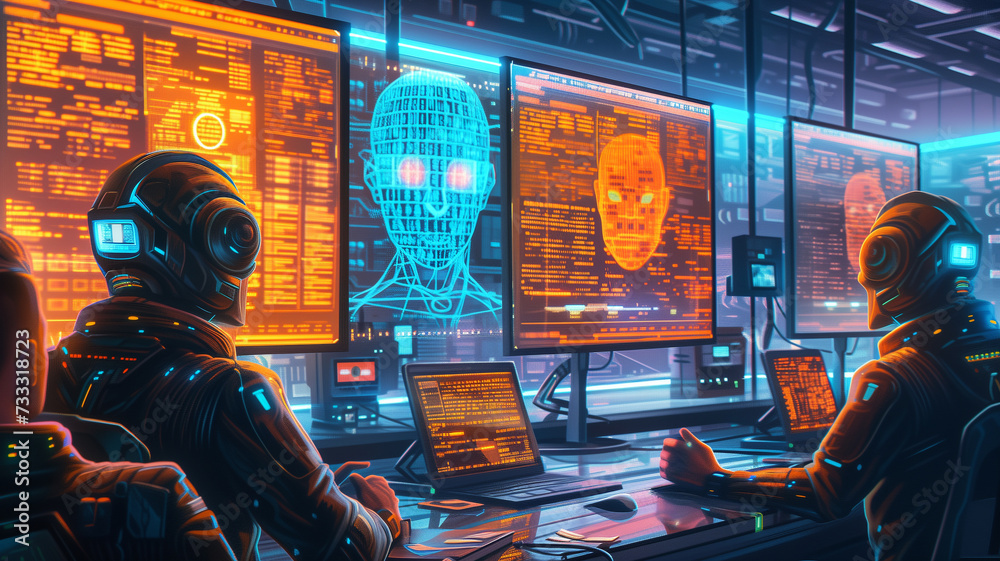 anthropomorphic computer characters working and chatting in a high-tech ...