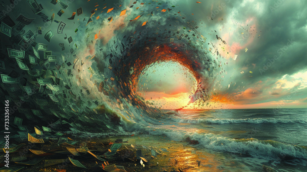 A dramatic surreal scene of an ocean vortex, swirling debris, and fiery ...