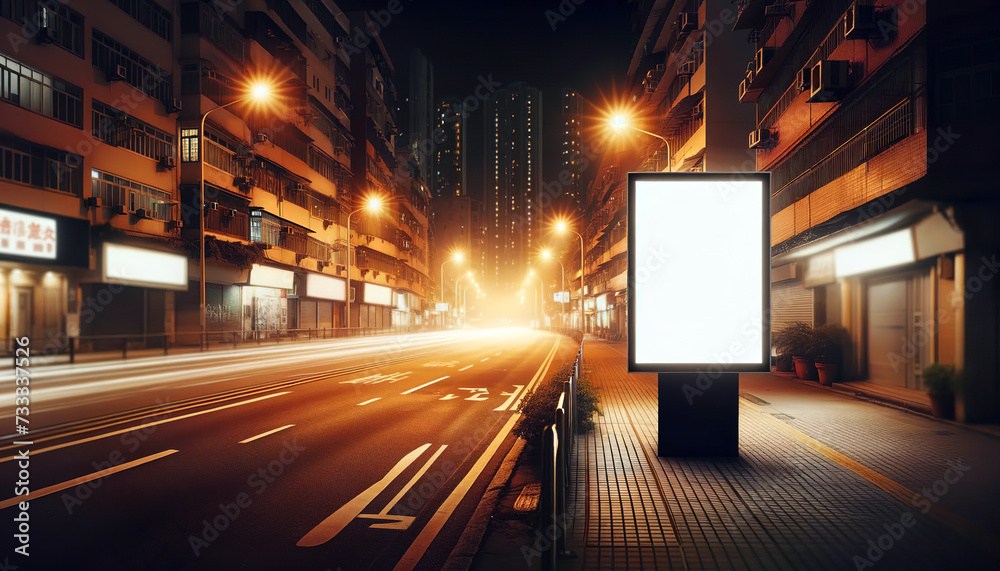 Nighttime city street with bright street lights, a clear illuminated ...