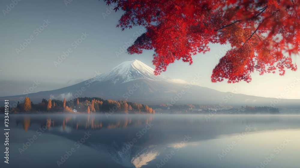 Colorful Autumn Season and Mountain Fuji with morning fog and red ...