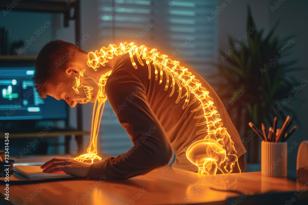 person bending over a desk with a grimace of pain and a glowing spine ...
