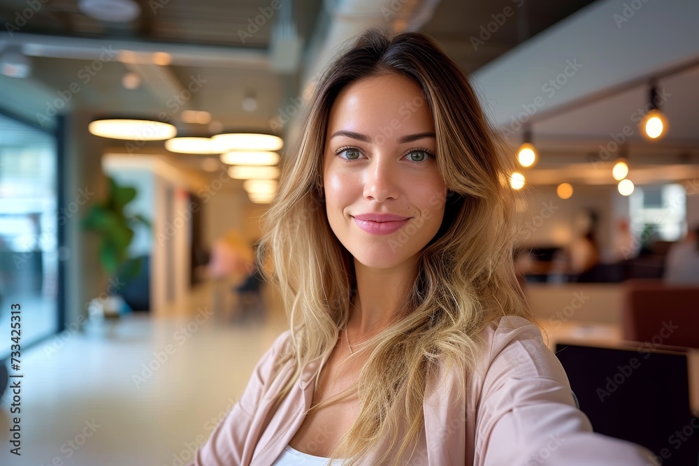 A joyful woman captures her radiant smile in a stylish selfie, her ...