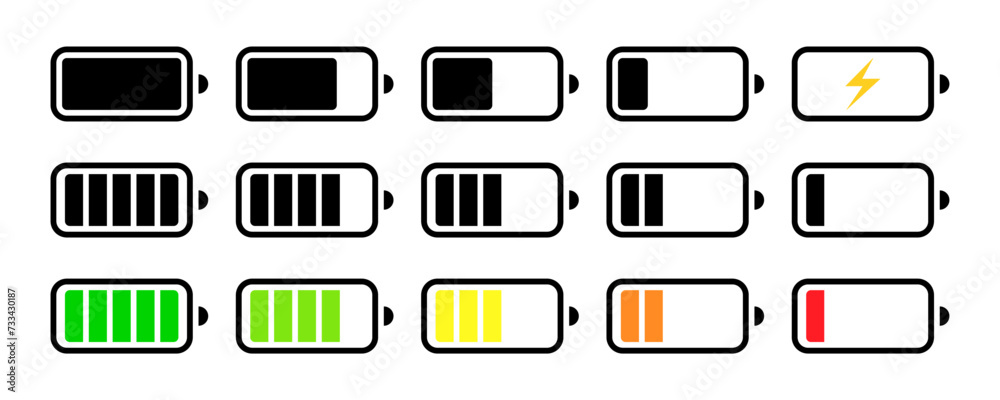 battery icon, charger icon. battery charge level icons set. battery ...