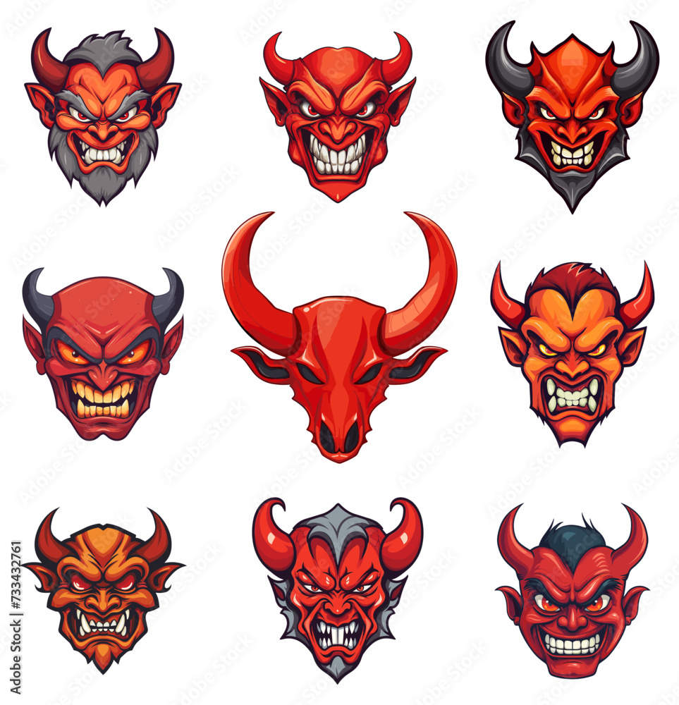 Cartoon devil face set. Evil horned devils icons vector emoji elements, scary inferno heads ...
