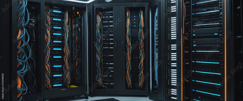 High performance data servers. Glowing cables, high bandwidth. Ultra high performance servers in ...