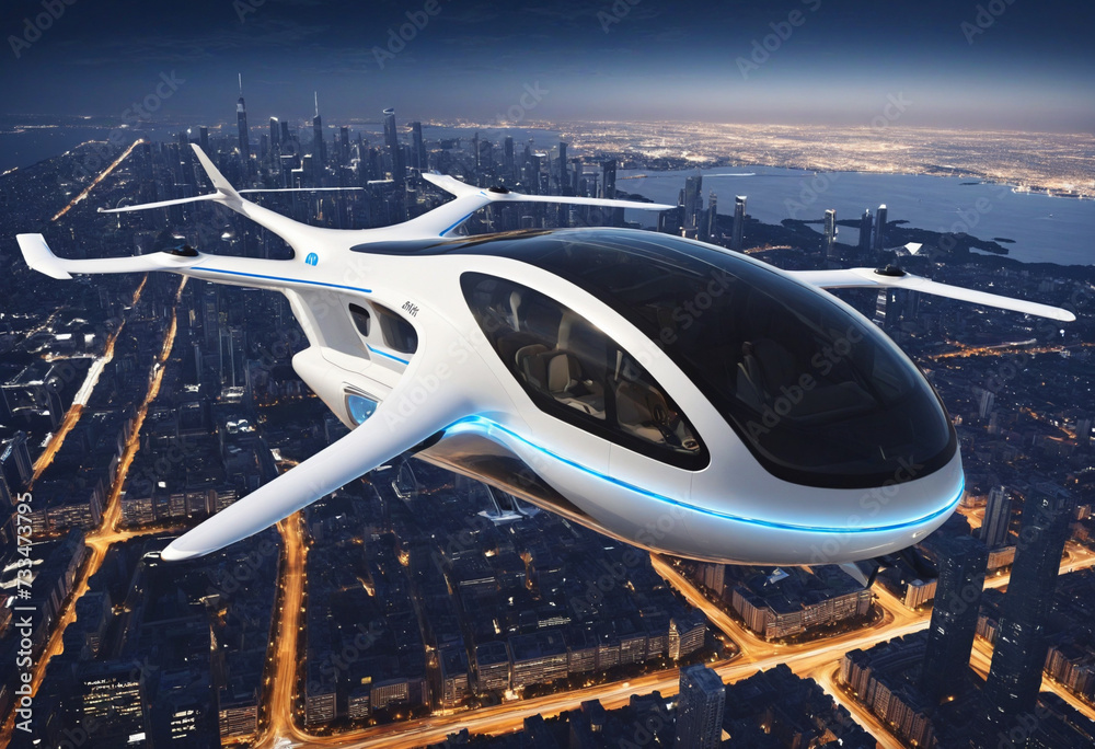 Air taxi window view of city at night. Air vehicle. Personal air ...