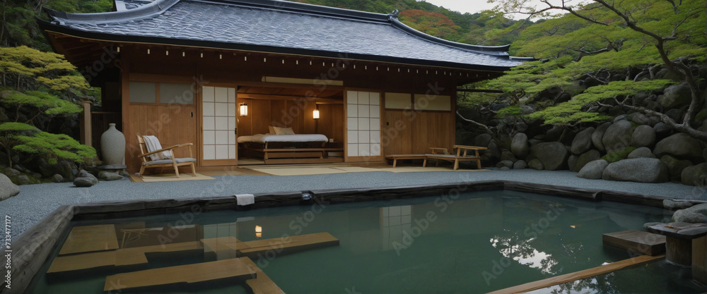 Japanese onsen ryokan. Japanese open-air baths using hot water from ...