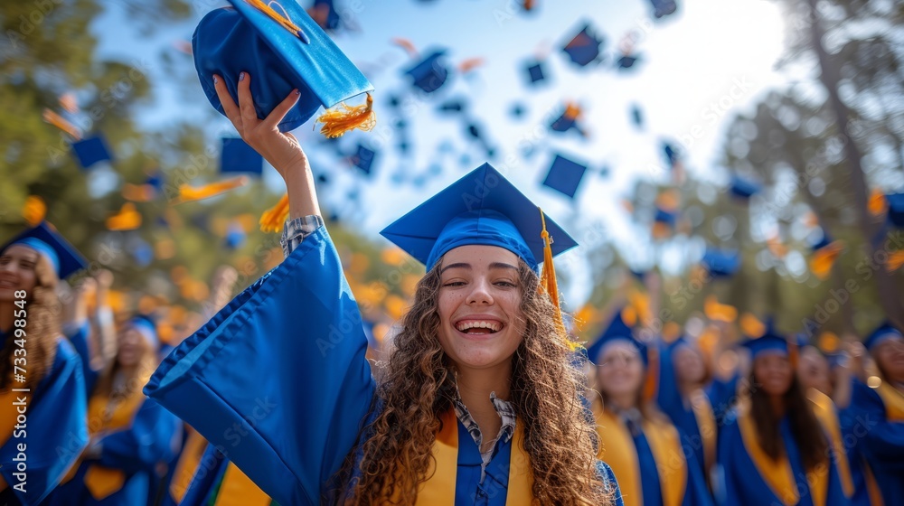 At sunset, the graduation caps are lined up in the sunset to complete ...