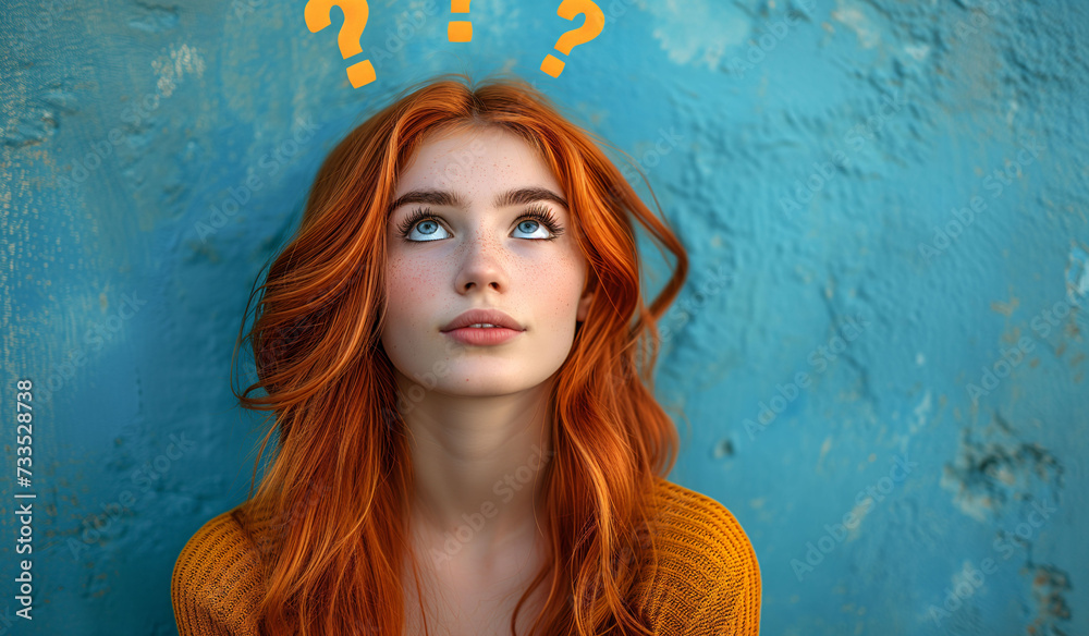 Young red head woman expressing doubt on her face, with question ...