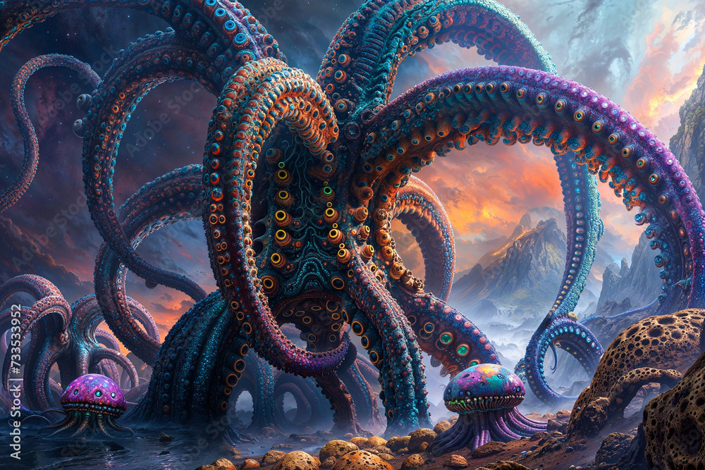 Giant tentacled alien creatures, science fiction, landscape, concept ...