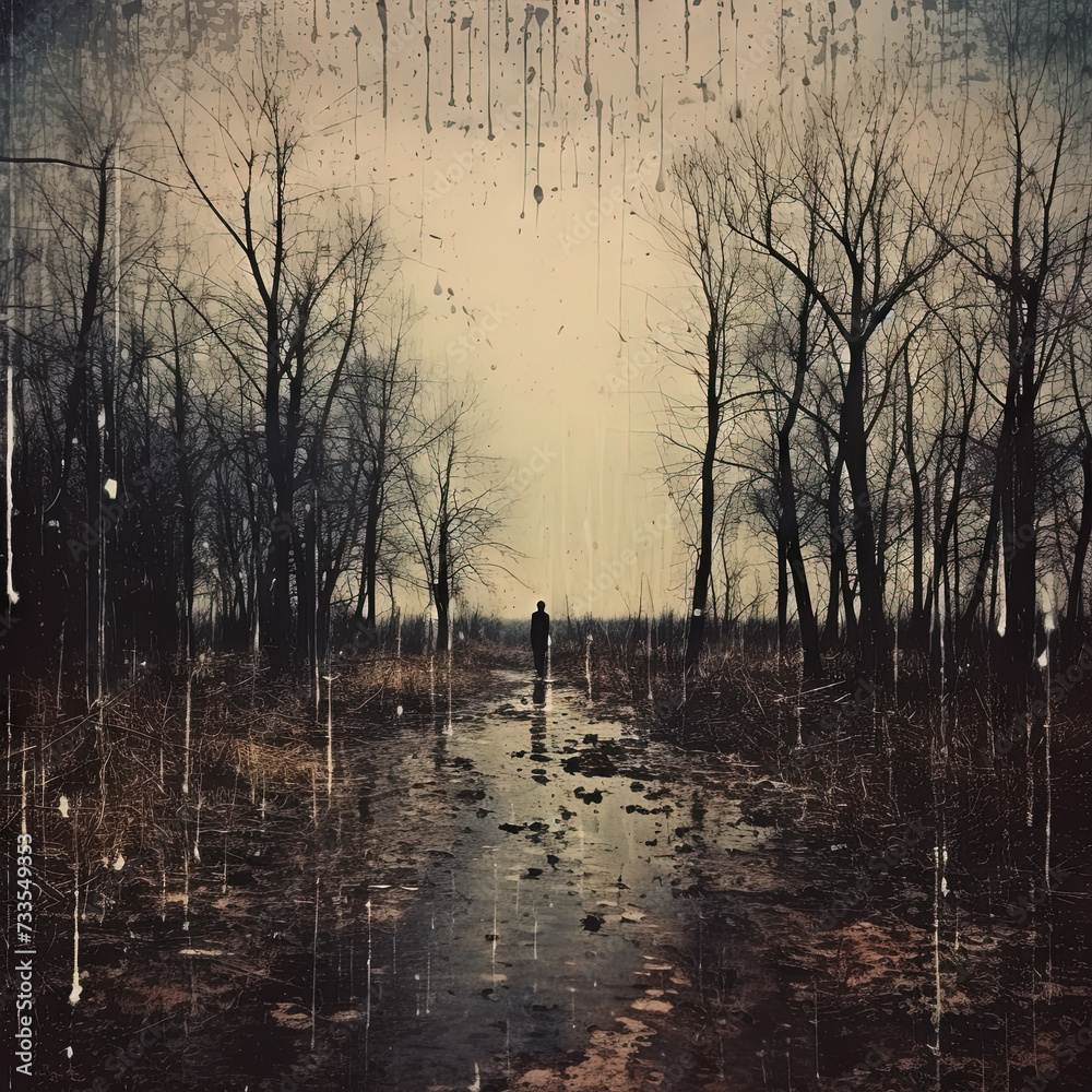 Solitary figure standing on a muddy path in a dark, bare tree landscape ...