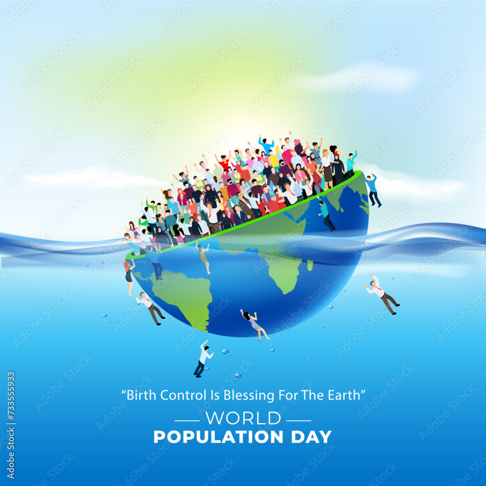 World Population Day text with diverse people and earth disaster ...