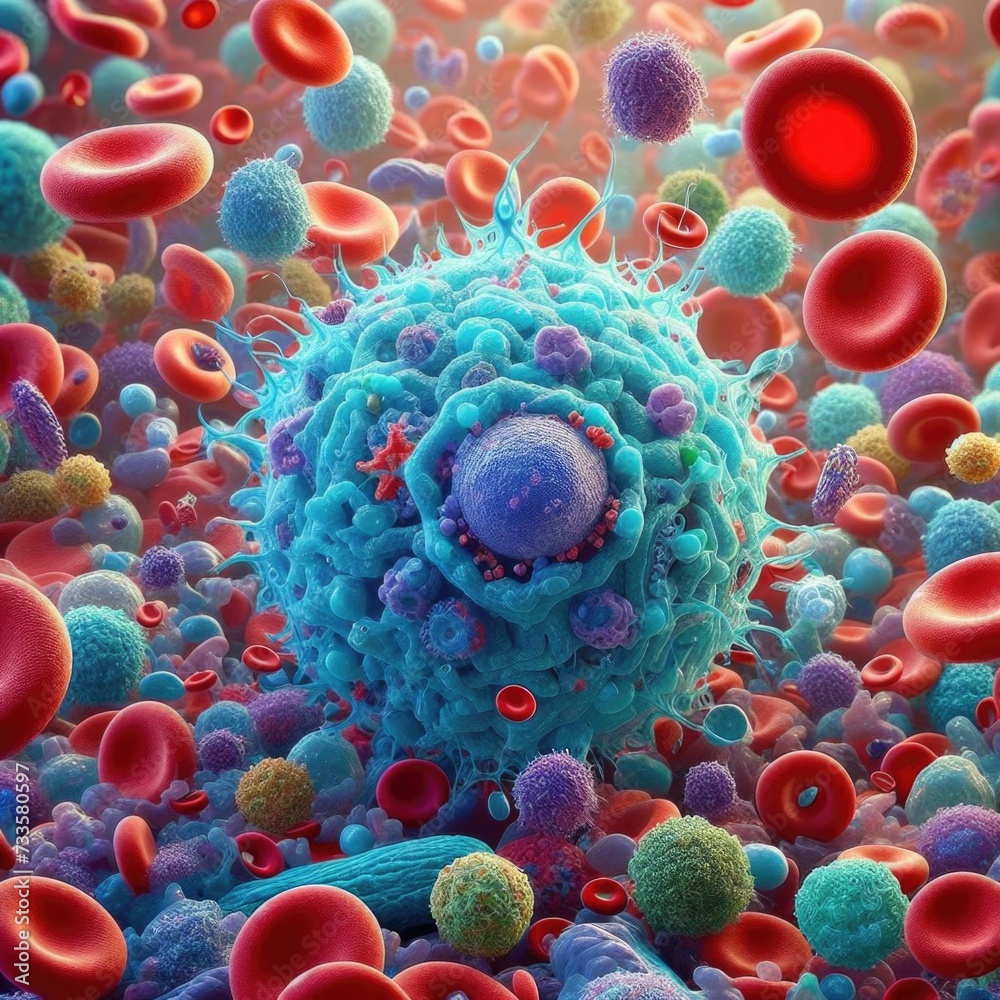 prominent blue cell in the center, which is larger and more detailed ...