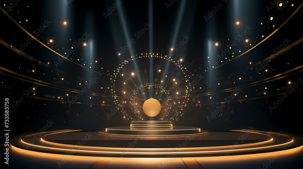 Luxurious and futuristic golden empty stage, golden particles ...