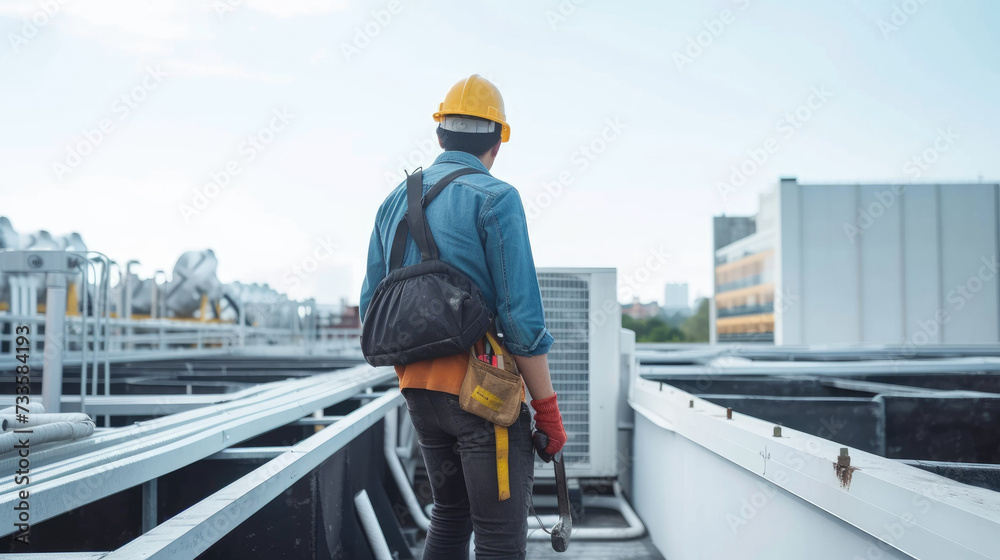 An HVAC technician with safety gear checks commercial air conditioning ...