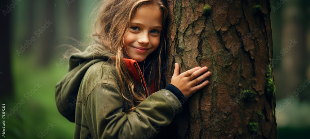 Net zero and carbon neutral concept. Child hugging a tree in the ...