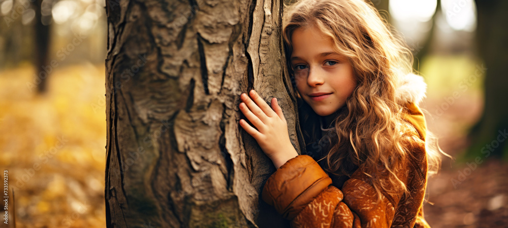Photo Stock Net zero and carbon neutral concept. Child hugging a tree ...