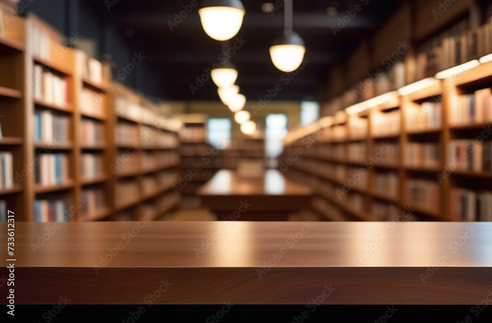 Empty wooden desk counter. Blurry old library interior with table ...