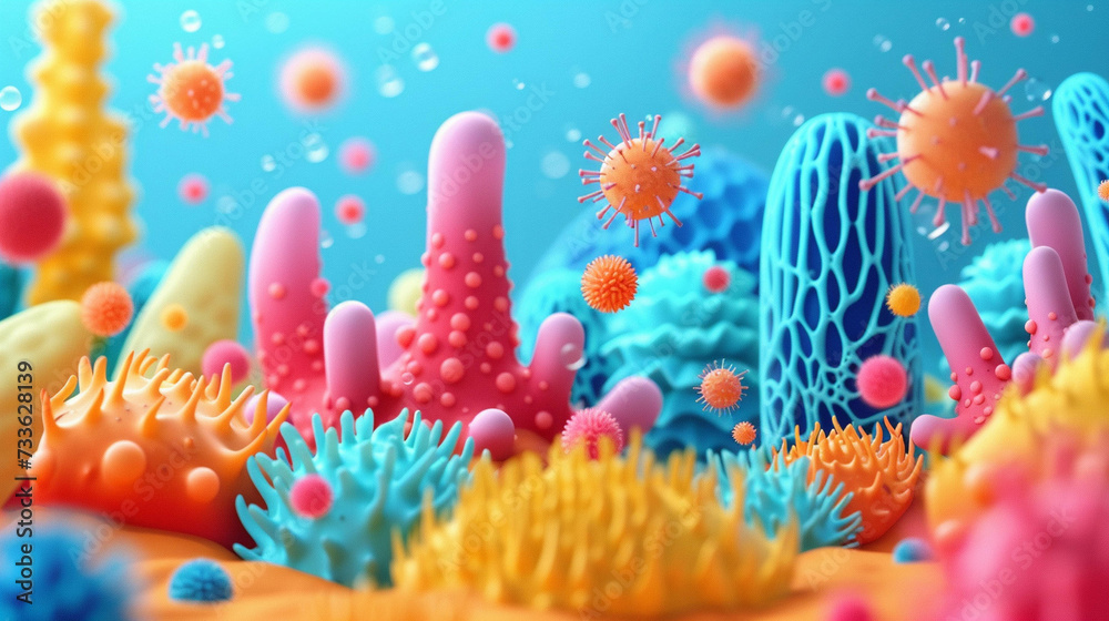 Draw minimalist bacteria cartoons thriving in an abstract environment ...