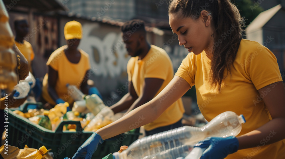 Volunteers organizing a community recycling program to promote ...