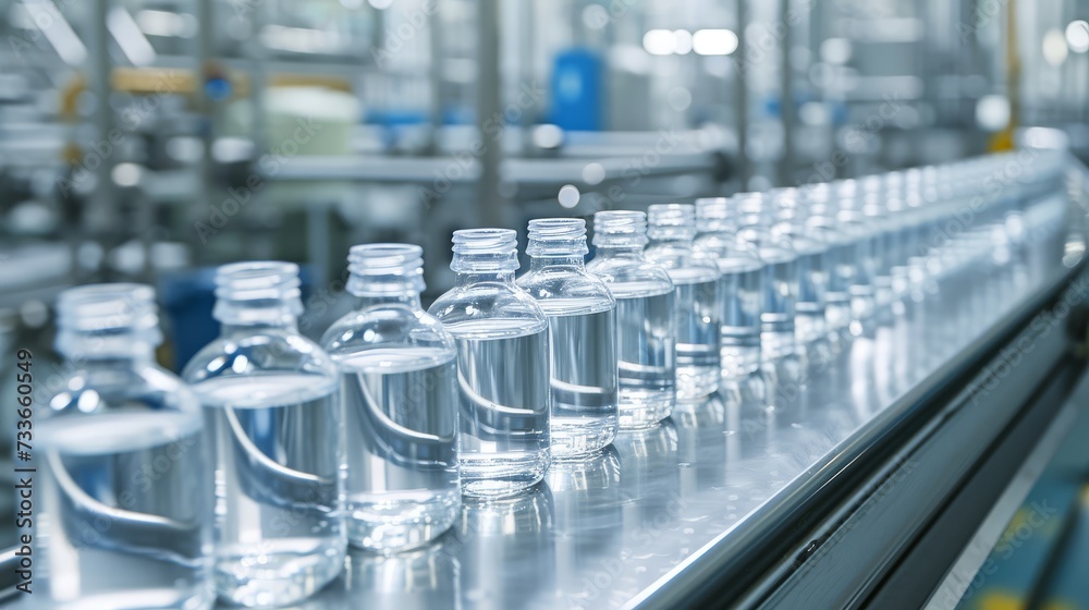 Bottled water production line inside a modern manufacturing plant ...