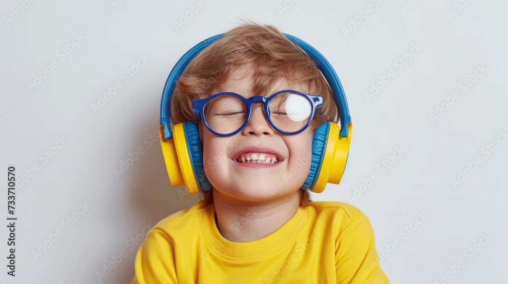 Foto Concept of World Down Syndrome Day. Child with music headset ...