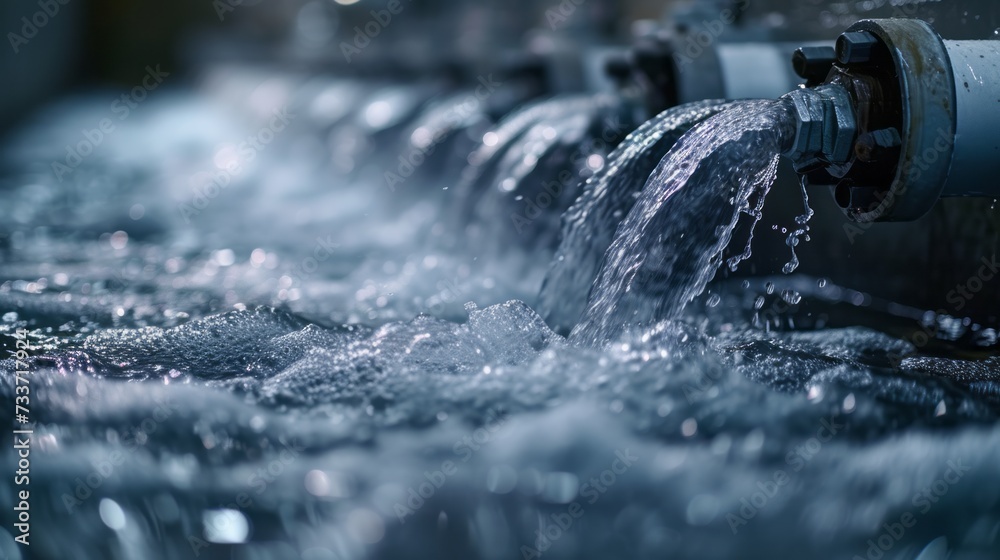 Dynamic water flow through industrial pipeline captured in a close-up ...