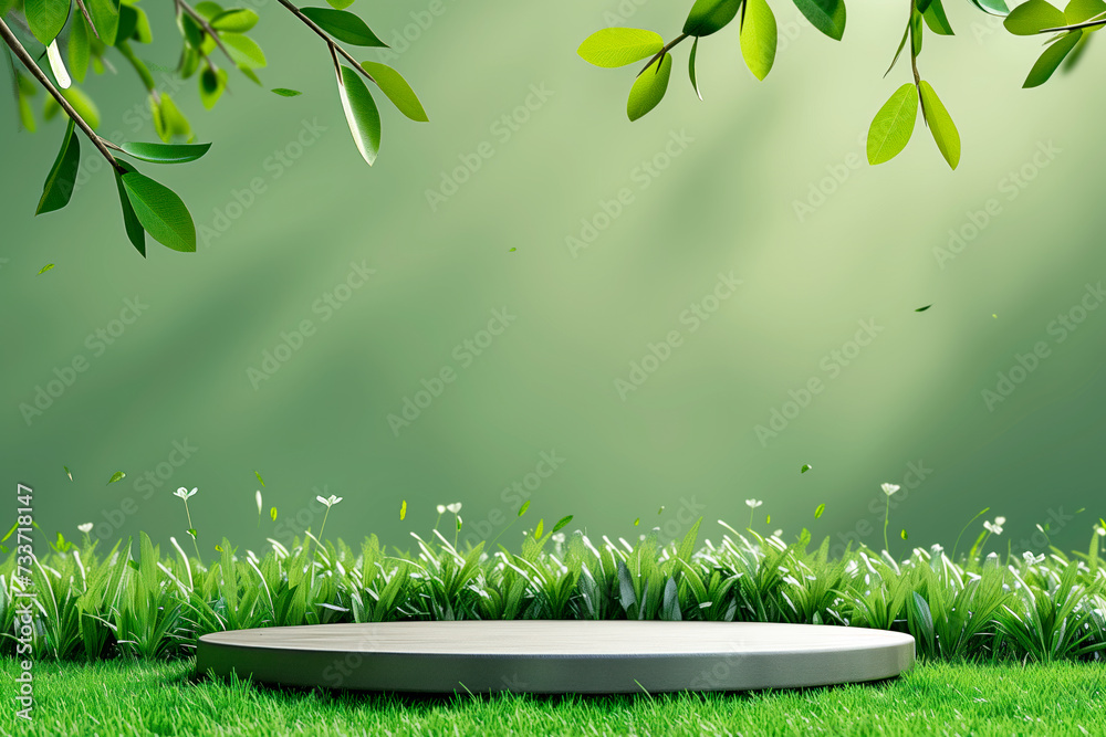 Cylinder podium for product demonstration on green background with ...
