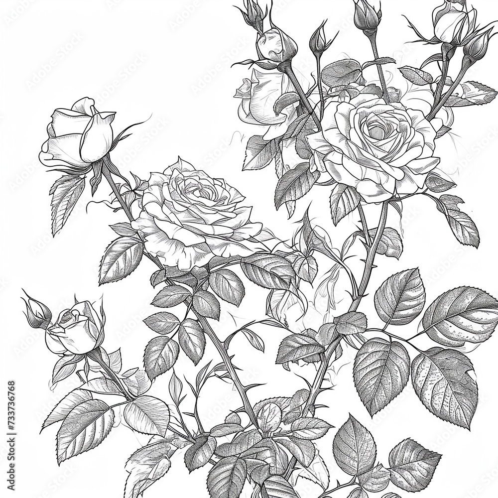 Coloring page. Hand drawn rose branch with roses, sketch vector ...